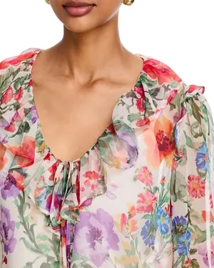 Aqua Floral Print Ruffle Neck Blouse Exclusive
