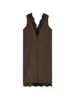 GANNI Pinstriped Lace-trim Midi Dress - Brown