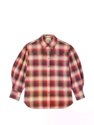 GANNI Plaid Flannel Puff Sleeve Shirt - Red