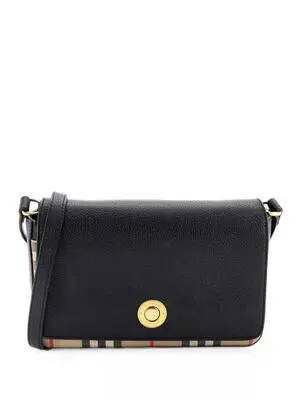 Burberry Hampshire Shoulder Bag Leather And Vintage Check Canvas Small Crossbody Bag - Black