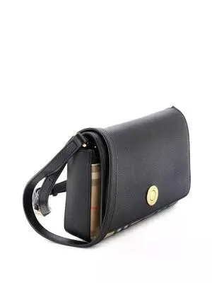 Burberry Hampshire Shoulder Bag Leather And Vintage Check Canvas Small Crossbody Bag - Black
