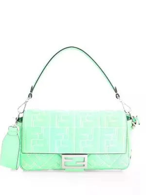 Fendi Baguette Nm Bag Zucca Stitched Embossed Leather Medium Crossbody Bag - Green