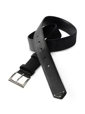 Prada Saffiano Leather Belt With Enamel Triangle Logo Buckle - Black