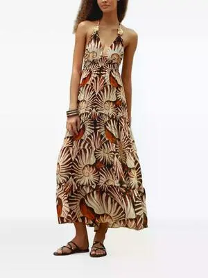 Farm Rio Shell-embellished Halterneck Maxi Dress - Brown