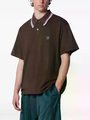 Needles Butterfly-embroidered Striped-collar Polo Shirt - Brown
