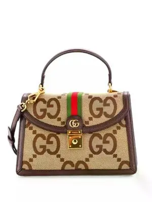 Gucci Ophidia Flap Top Handle Bag Jumbo Gg Canvas Small Crossbody Bag - Brown