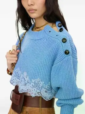 Chloé Lace-trimmed Button-shoulder Cropped Sweater - Blue