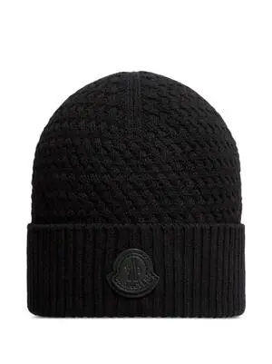 Moncler Logo Patch Beanie Hat - Black
