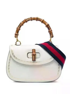 Gucci 2016-2026 Calfskin Frame Print Bamboo Web Top Handle Bag Satchel - White