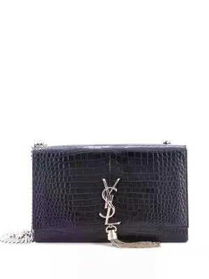 Saint Laurent Monogram Tassel Crocodile Embossed Leather Medium Crossbody Bag - Black