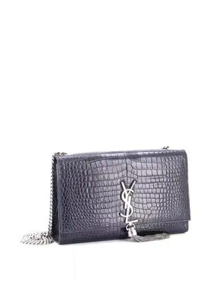 Saint Laurent Monogram Tassel Crocodile Embossed Leather Medium Crossbody Bag