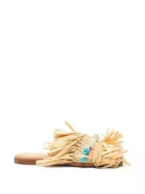 Patrizia Pepe Raffia Flat Sandals With Fringe And Bead Embellishment - Neutrals