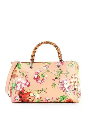 Gucci Bamboo Shopper Blooms Print Leather Medium Tote Bag - Pink