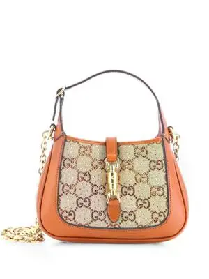 Gucci Jackie 1961 Chain Crystal Embellished Gg Canvas Mini Hobo Bag - Brown