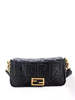 Fendi Baguette Nm Bag Zucca Embossed Leather Medium Crossbody Bag - Black