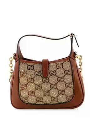 Gucci Jackie 1961 Chain Crystal Embellished Gg Canvas Mini Hobo Bag - Brown
