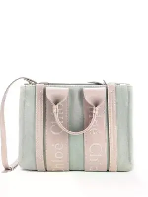 Chloé Woody Convertible Linen And Leather Small Tote Bag - Grey