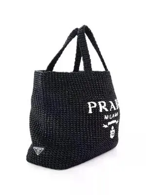 Prada Logo Raffia Large Tote Bag - Black