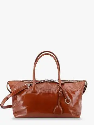 Miu Miu Shiny Leather Handbag With Embossed Lettering Logo - Brown