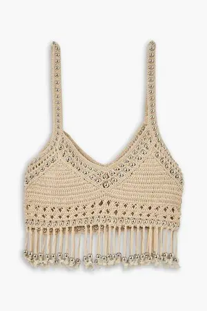 Rabanne Cropped Tasseled Beadembellished Crocheted Cotton Camisole - Beige
