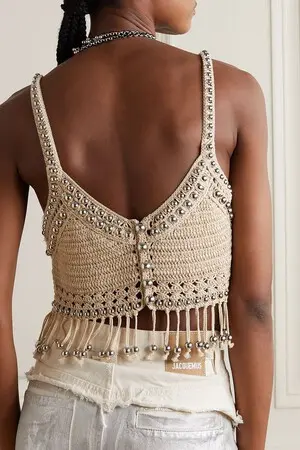 Rabanne Cropped Tasseled Beadembellished Crocheted Cotton Camisole
