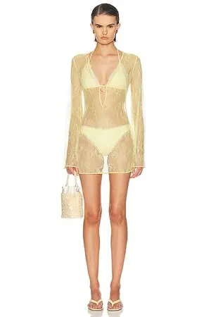 Oseree Lace O Gem Kaftan Dress - Lemon