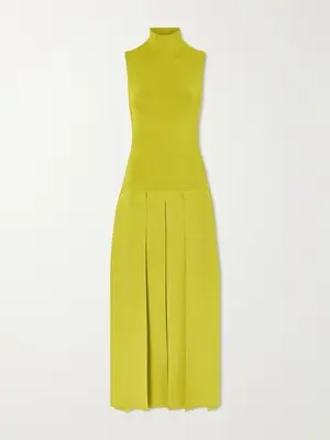 Alaïa Knitted Jersey High Neck Maxi Dress With Pleated Skirt