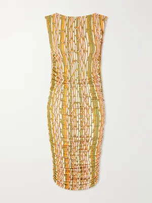 La DoubleJ Printed Ruched Mesh Mini Dress