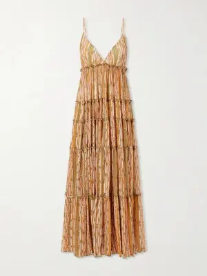 La DoubleJ Nymph Printed Ruffled Mesh Maxi Dress