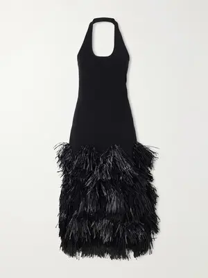 Aje Elva Halterneck Stretch-jersey Midi Dress With Raffia-effect Poms