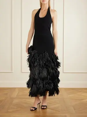Aje Elva Halterneck Stretch-jersey Midi Dress With Raffia-effect Poms