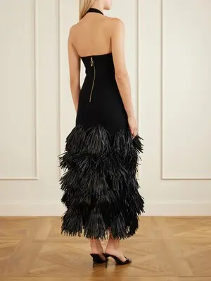 Aje Elva Halterneck Stretch-jersey Midi Dress With Raffia-effect Poms
