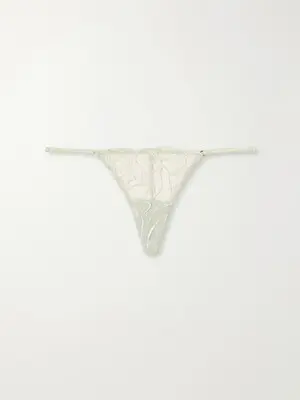 Kiki De Montparnasse Calla Lily Floral-embroidered Mesh Thong - Green
