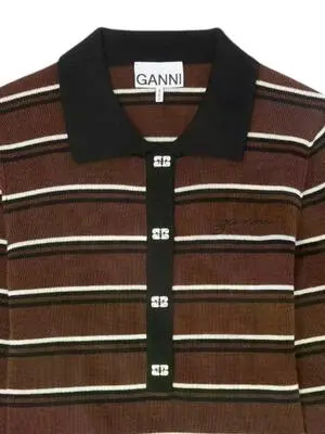 GANNI Striped Button-embellished Long Sleeve Polo Shirt
