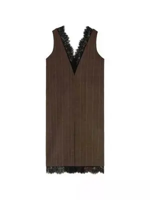 GANNI Pinstriped Lace-trim Midi Dress - Brown