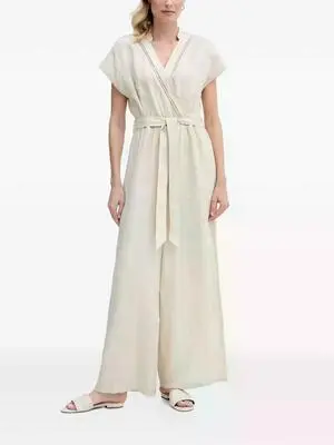 BENETTON Linen Crochet Trim Belted Jumpsuit