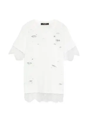 MY TWIN Distressed Cotton T-shirt With Lace Trim