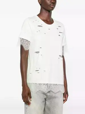 MY TWIN Distressed Cotton T-shirt With Lace Trim