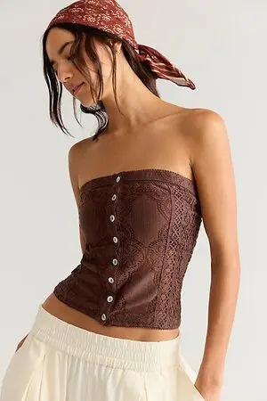 Free People Embroidered Strapless Tube Top With Button Details - Chickory Coffee