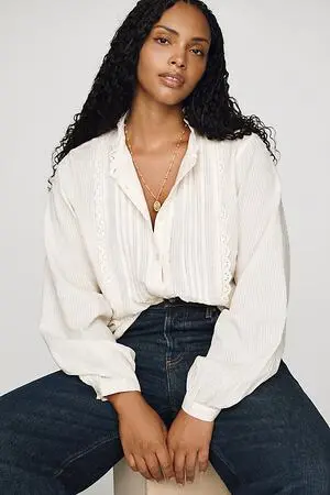 Anthropologie 100% Cotton Lace Buttondown Blouse - Ivory