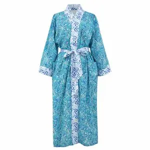 LIME TREE DESIGN Turquoise Cotton Full Length Kimono