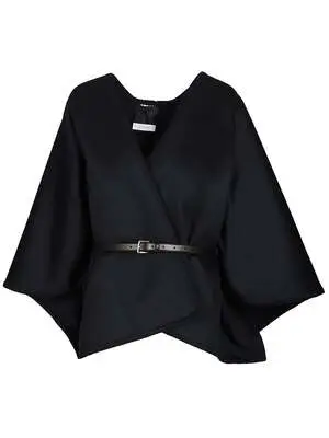 Max Mara Double Drap Pure Wool Cape With Leather Belt - Blue