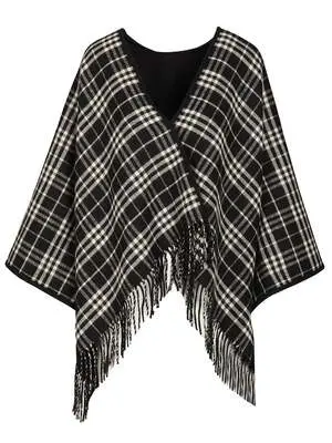 Burberry Reversible Wool Cape With Fringes - Black