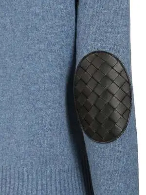 Bottega Veneta Medium Weight Cashmere Sweater With Woven Leather Elbow Patches - Blue