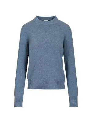 Bottega Veneta Medium Weight Cashmere Sweater With Woven Leather Elbow Patches - Blue