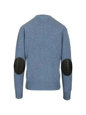Bottega Veneta Medium Weight Cashmere Sweater With Woven Leather Elbow Patches - Blue