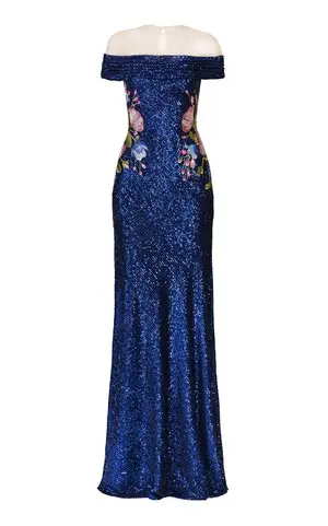 Naeem Khan Stretch Sequin Off-shoulder Illusion Neckline Gown With Floral Applique - Blue