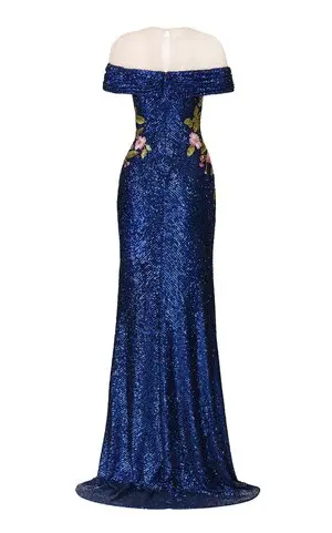 Naeem Khan Stretch Sequin Off-shoulder Illusion Neckline Gown With Floral Applique