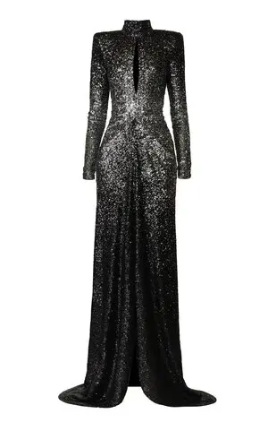 Naeem Khan Ombre Draped Mock Neck Stretch Sequin Gown With Front Slit - Black