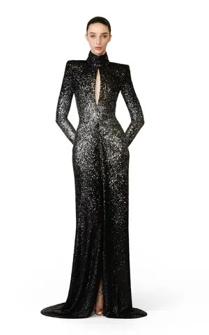 Naeem Khan Ombre Draped Mock Neck Stretch Sequin Gown With Front Slit